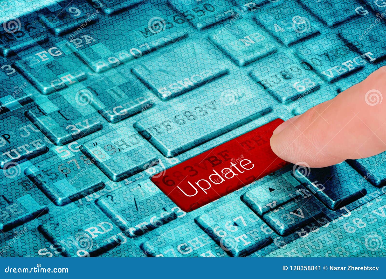 A Finger Press Red Update Button on Blue Digital Laptop Keyboard Stock ...