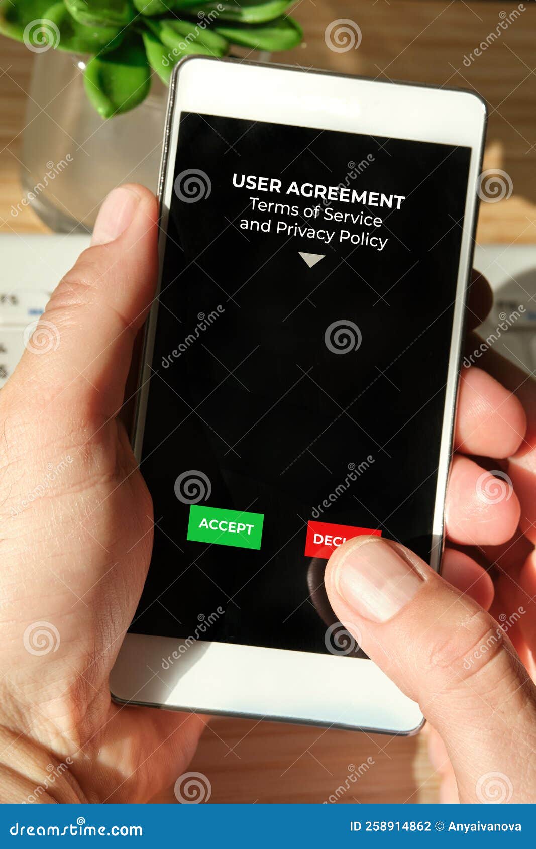 Finger Press Refuse Button on Mobile Phone Screen. User Disagree with ...