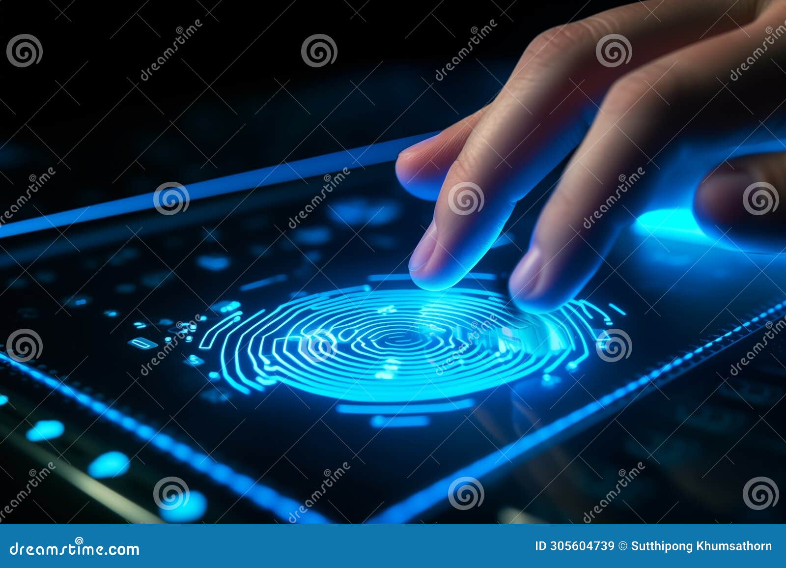 The Finger Presses Down on the High-tech Fingerprint Neoblue Color. by ...