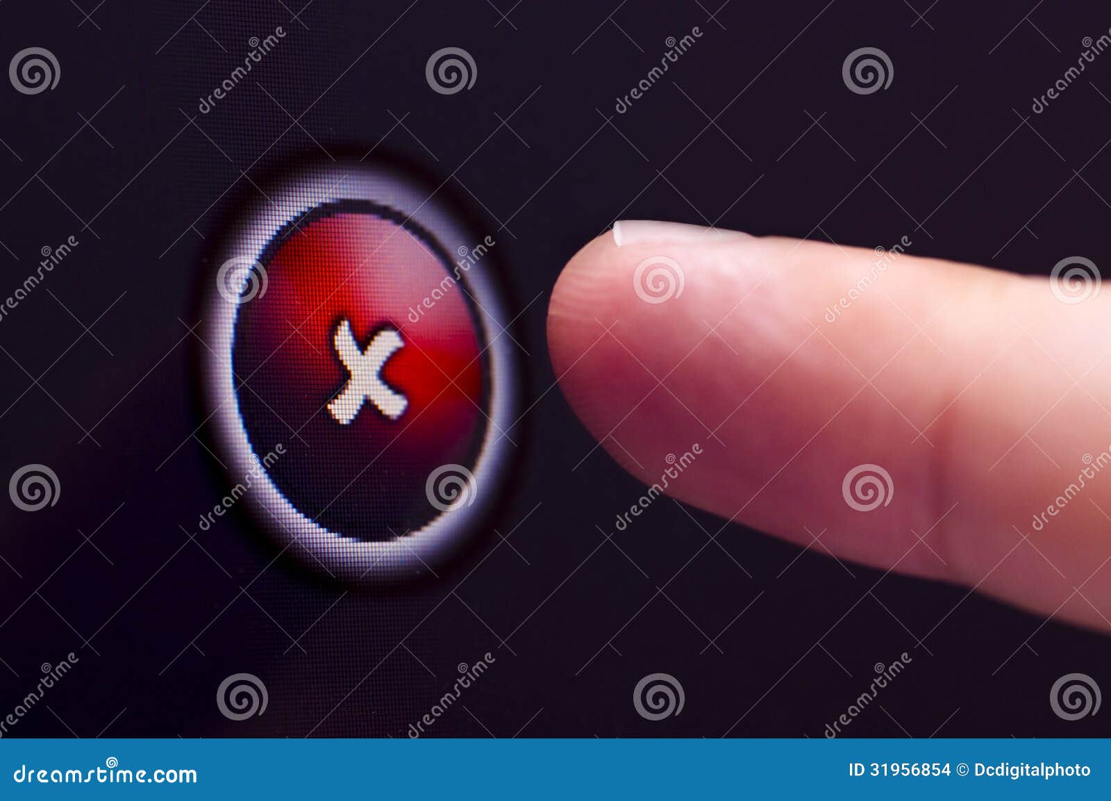 Finger Presses Red Cross Button on Touchscreen Stock Photo - Image of ...