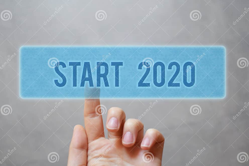 Finger Pressing Blue Start 2020 Button Stock Image - Image of 2020 ...