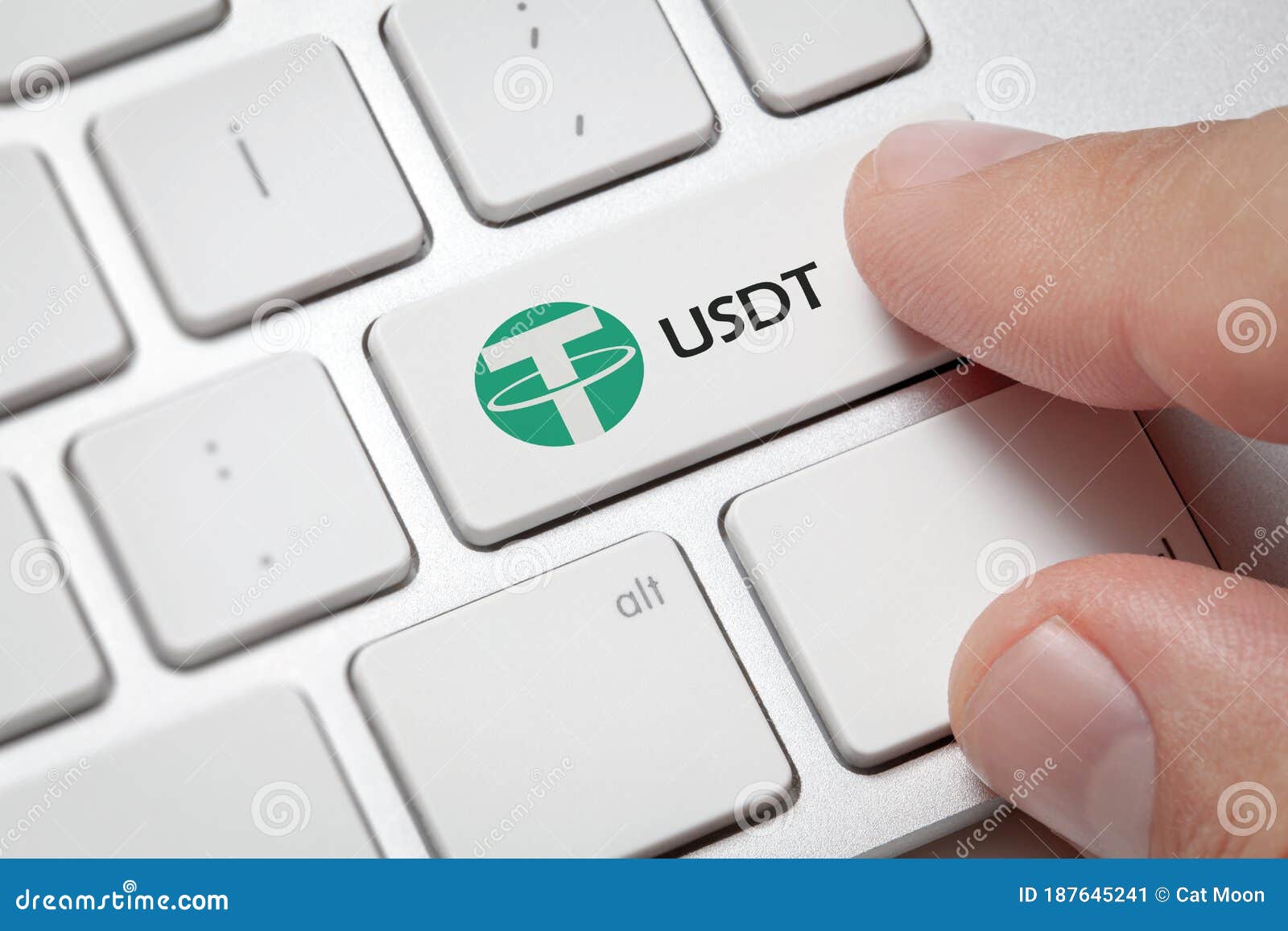 Finger Pressing Computer Key with Tether Coin Logo. Crypto Usdt Concept ...