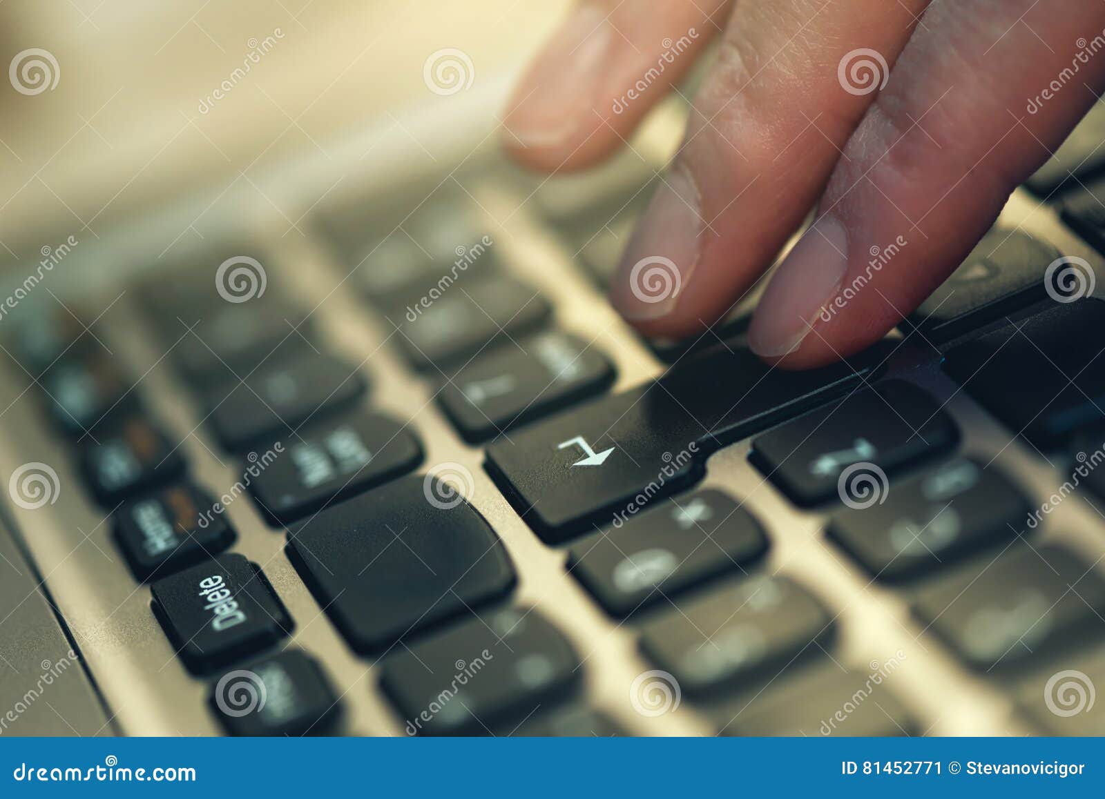 Finger Pressing Enter Key on Laptop Computer Keyboard Stock Image ...