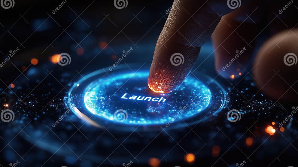 Finger Pressing Glowing Launch Button, Symbolizing Technology and ...