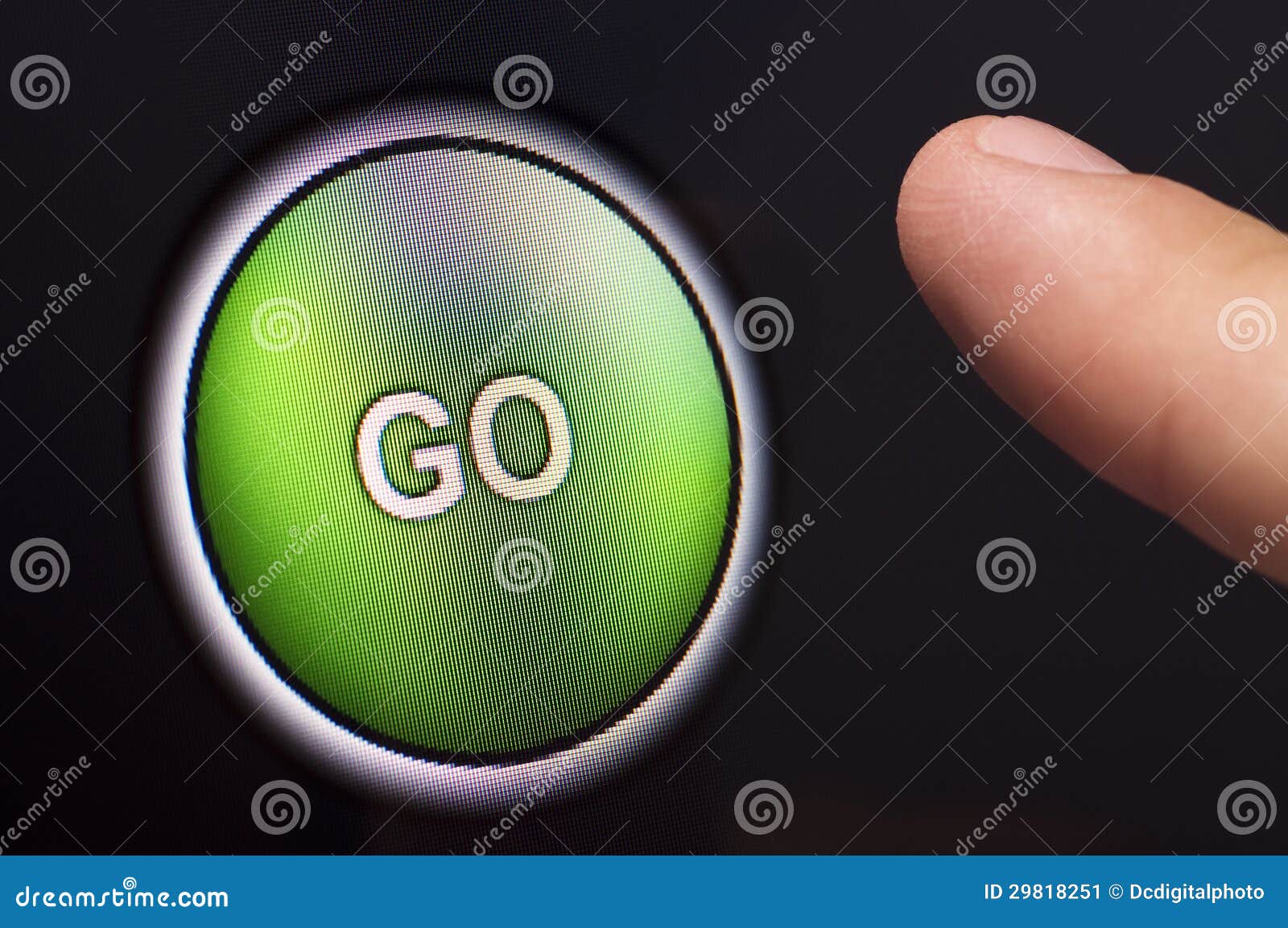 Finger Pressing a Green GO Button on Touchscreen Stock Image - Image of ...