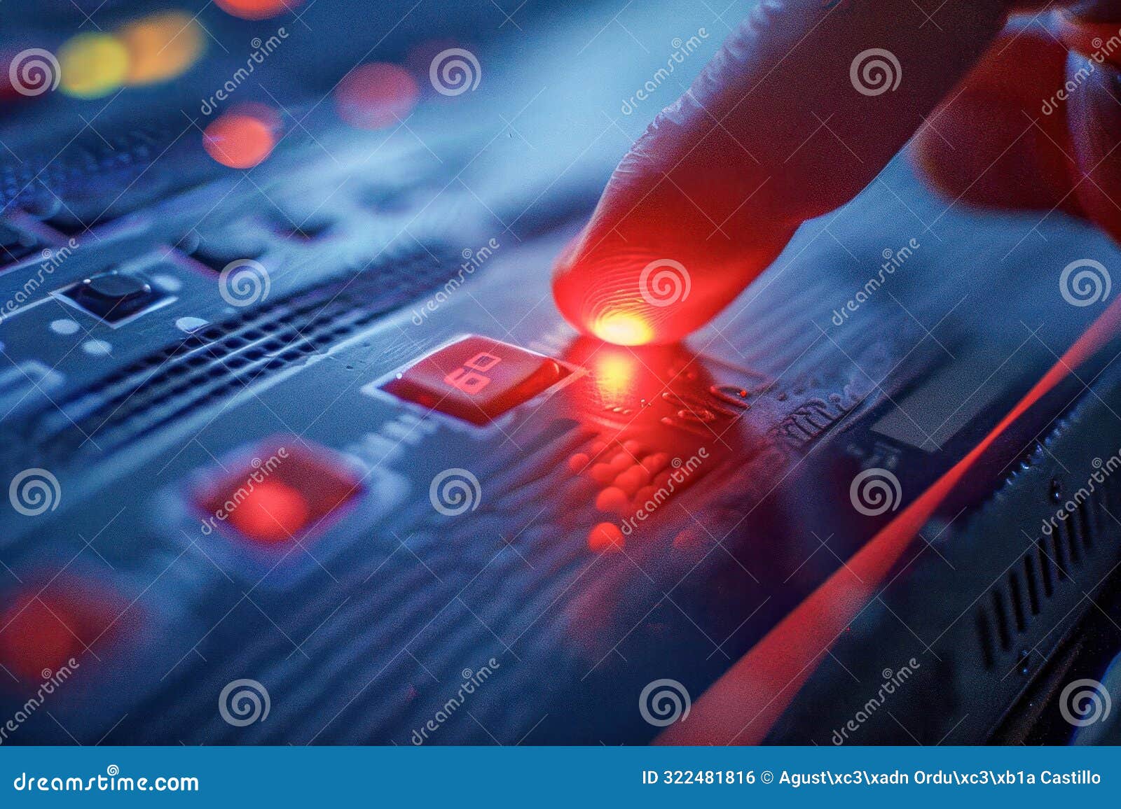 Finger Pressing Illuminated Red Button Stock Photo - Image of detail ...