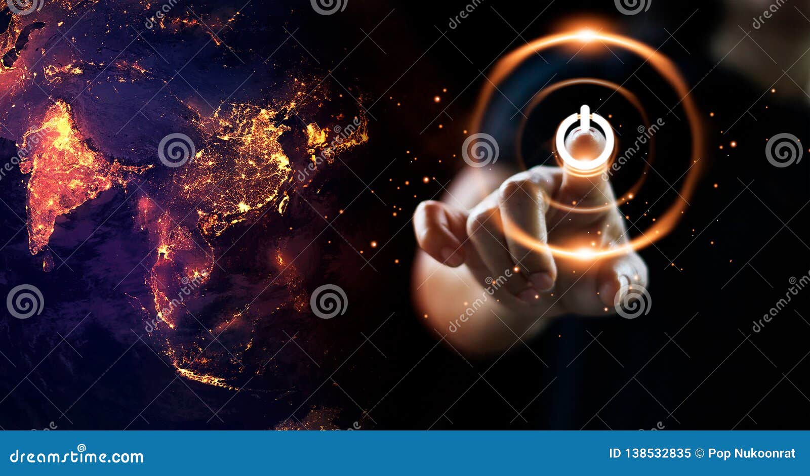Finger Pressing Power Button Energy on Earth at Night Background. Earth ... Finger Pressing Power Button Energy on Earth at Night Background. Earth ...