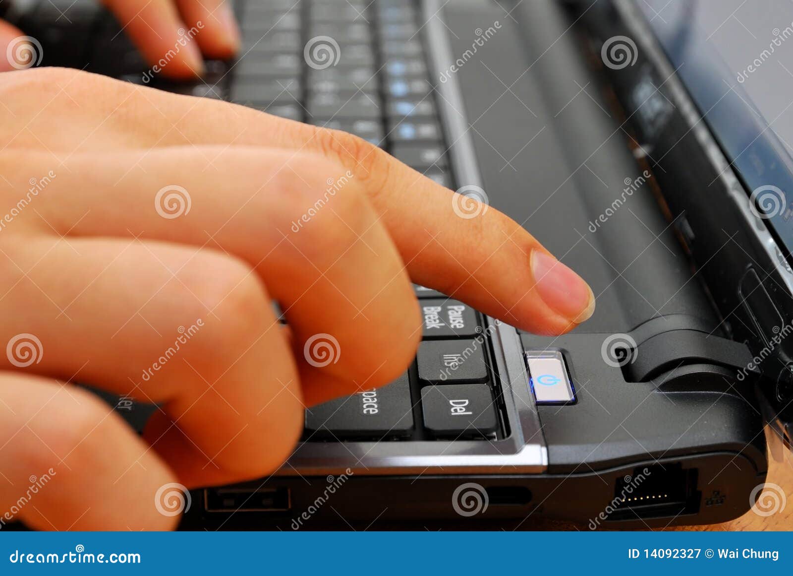 Finger Pressing Power Button on Laptop Stock Image - Image of internet ...