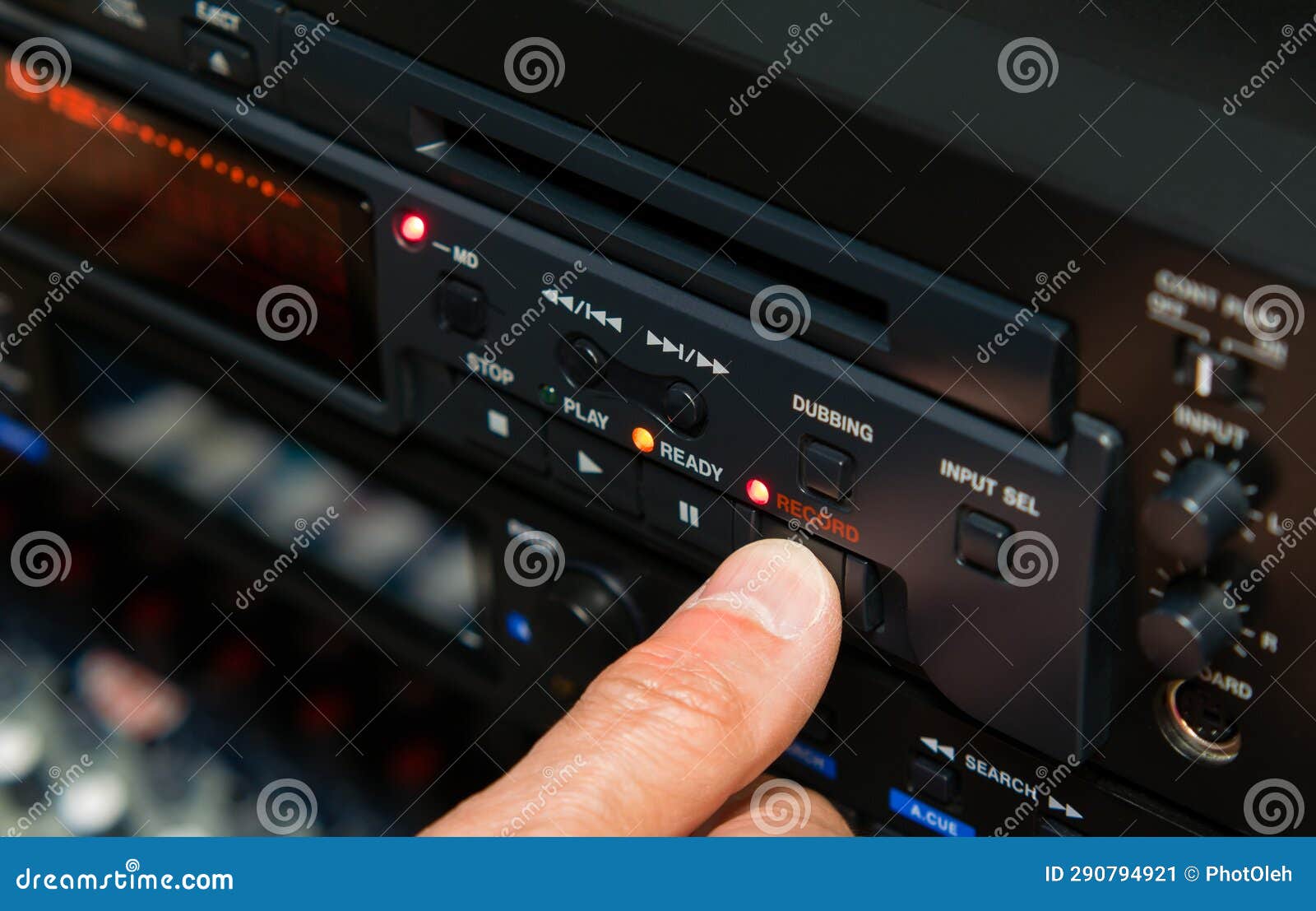 Finger Pressing Record Button of Professional Mini Disc Player Stock ...