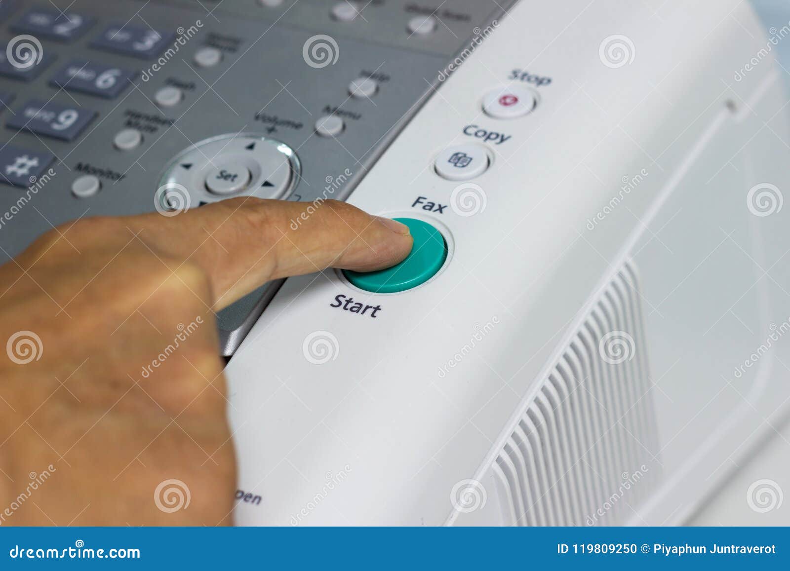 Finger Pressing Start Button on the Fax Stock Photo - Image of copy ...