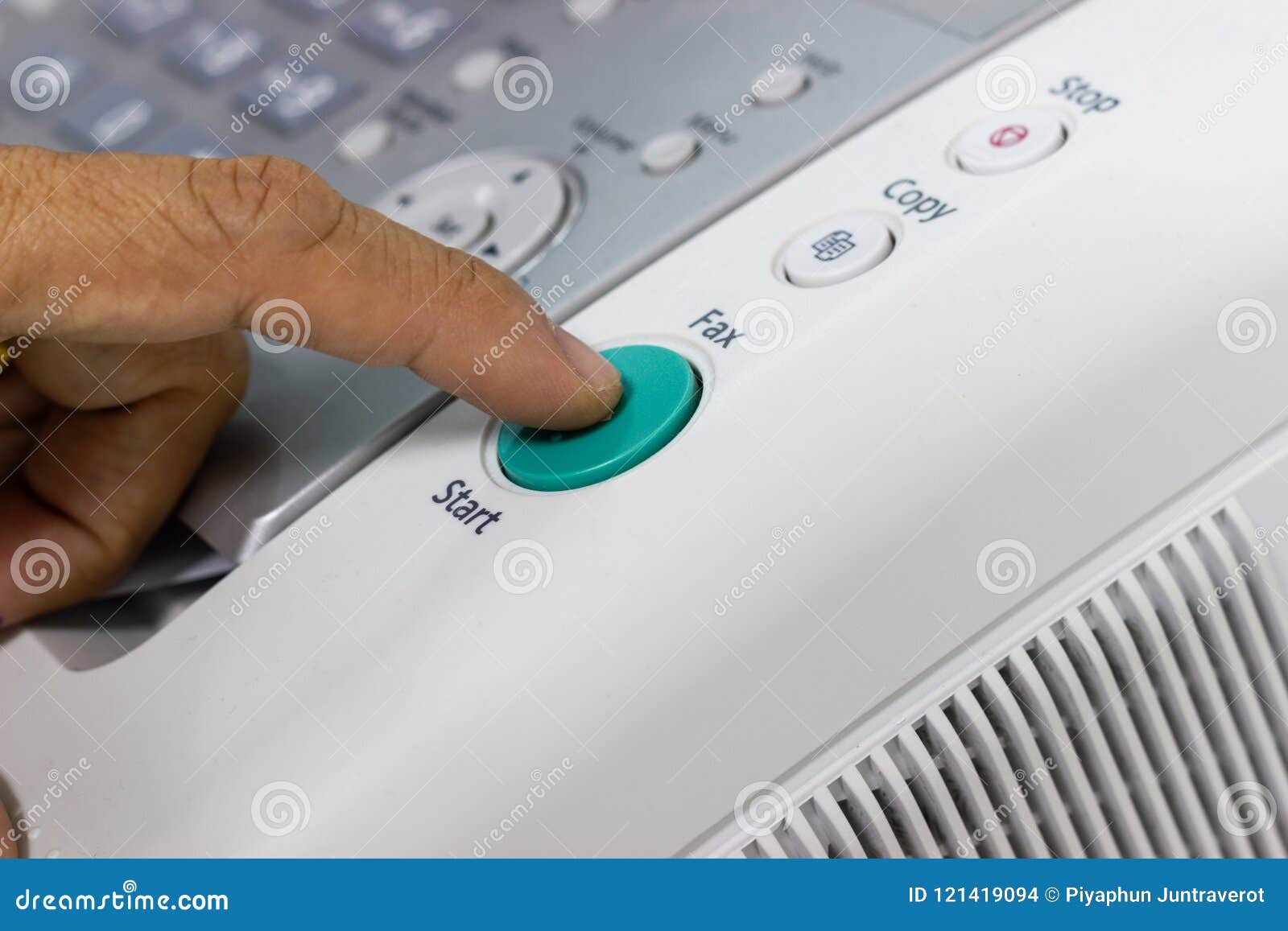 Finger Pressing Start Button on the Fax Stock Photo - Image of hand ...