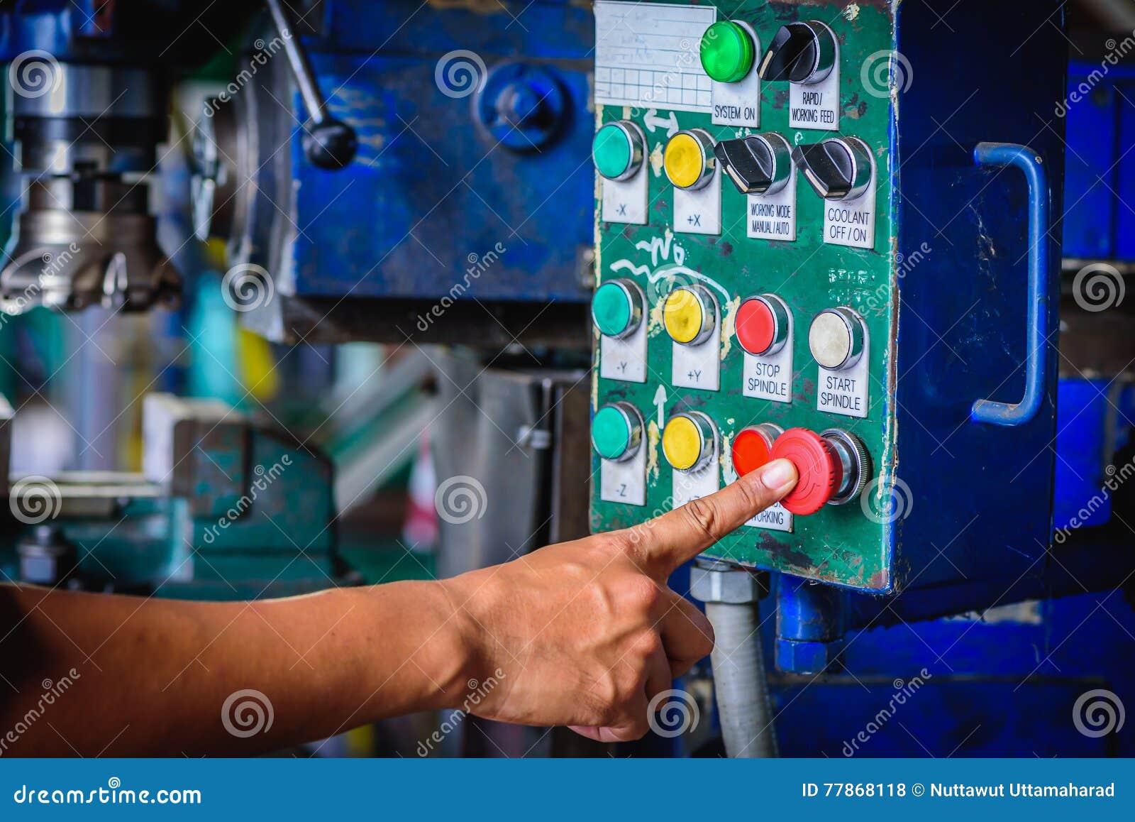 Finger Push on Red Emergency Stop Switch Milling Machine Stock Photo ...