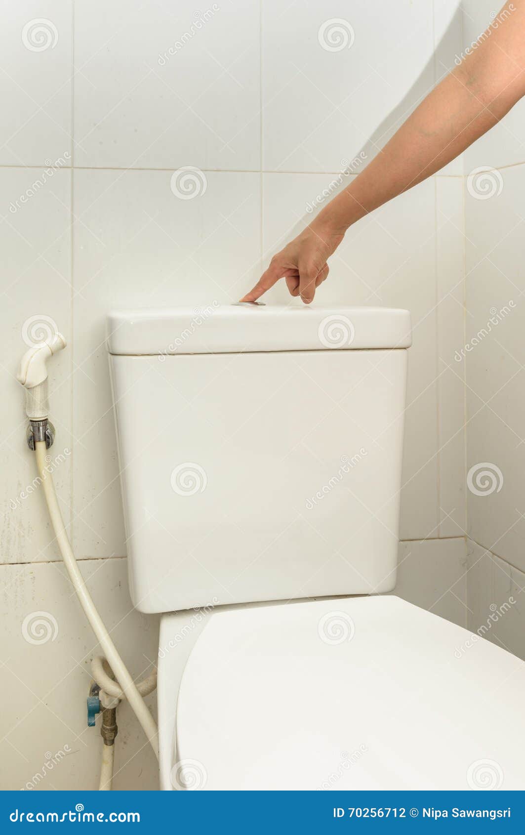 Finger Pushing Button and Flushing Toilet Stock Photo - Image of ...