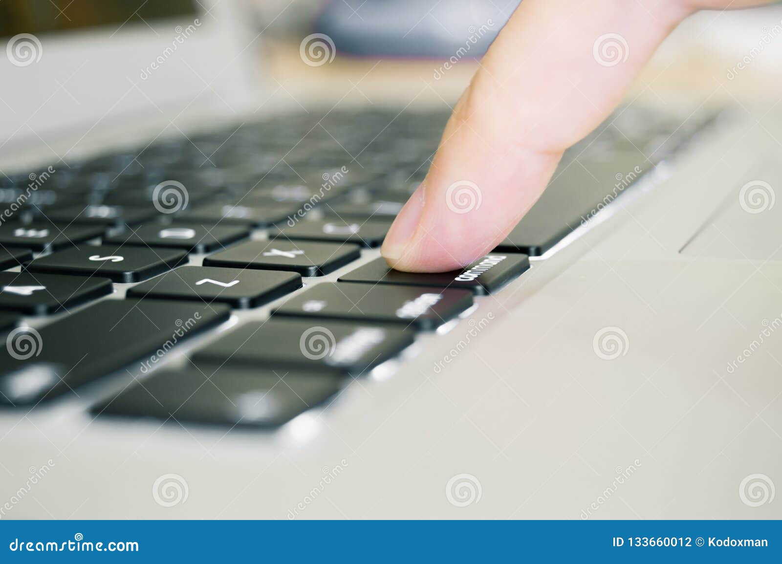Finger Pushing Button on Laptop Keyboard Stock Photo - Image of closeup ...