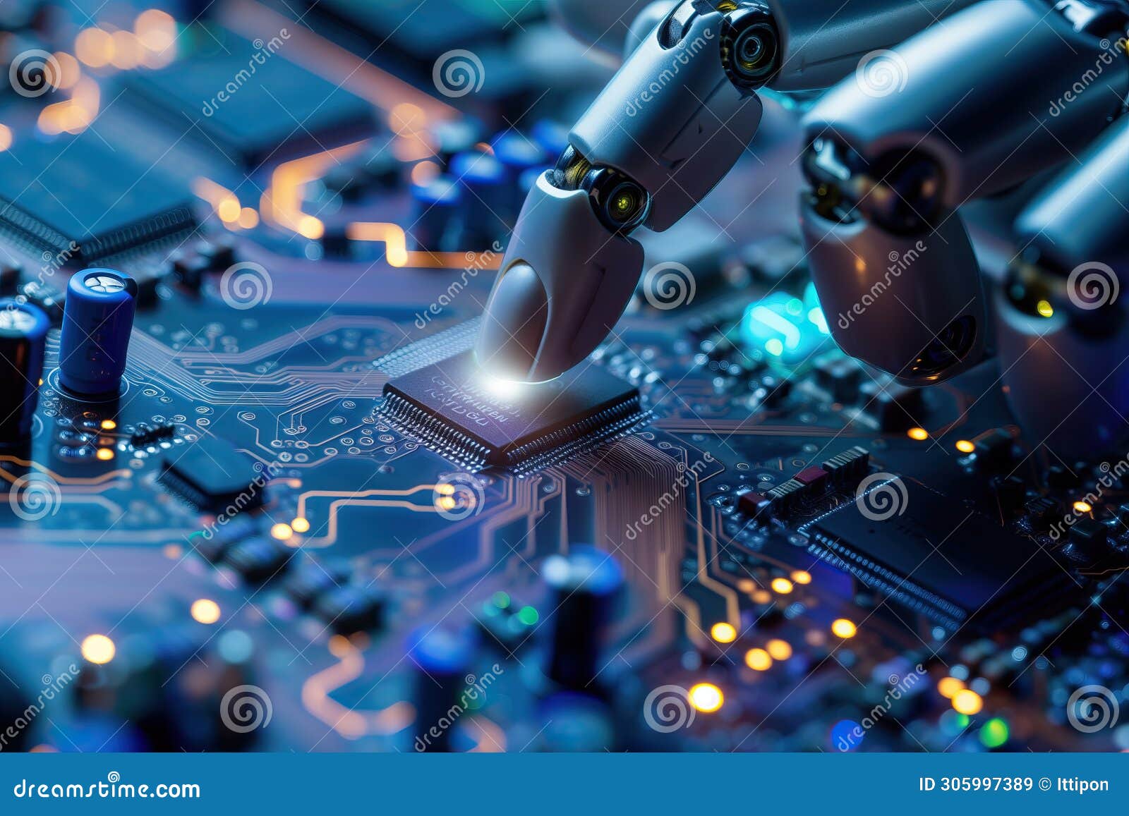 Finger of Robot Touching of Computer Chip Circuits. Stock Illustration ...