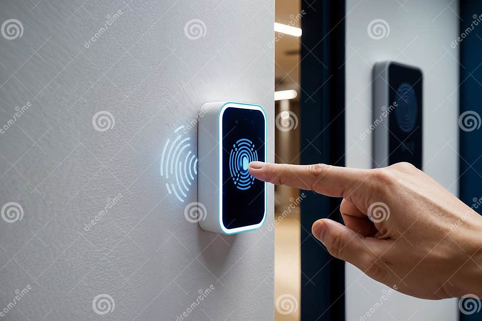 Hand Using Fingerprint Scanner for Secure Access. Smart Home Technology ...