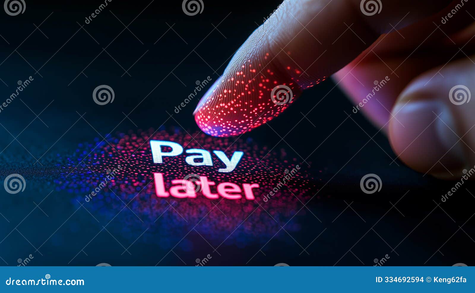 Finger Tapping Digital "Pay Later" Button with Glowing Red and Blue ...