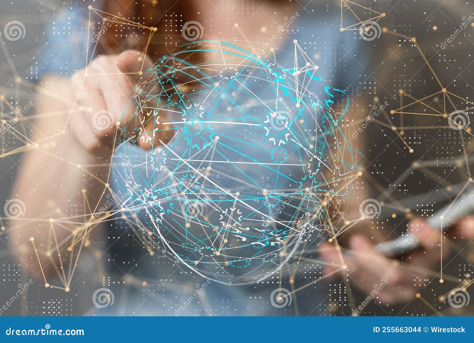 Finger Tapping on an Illustrated Global Network Sphere Stock Photo ...