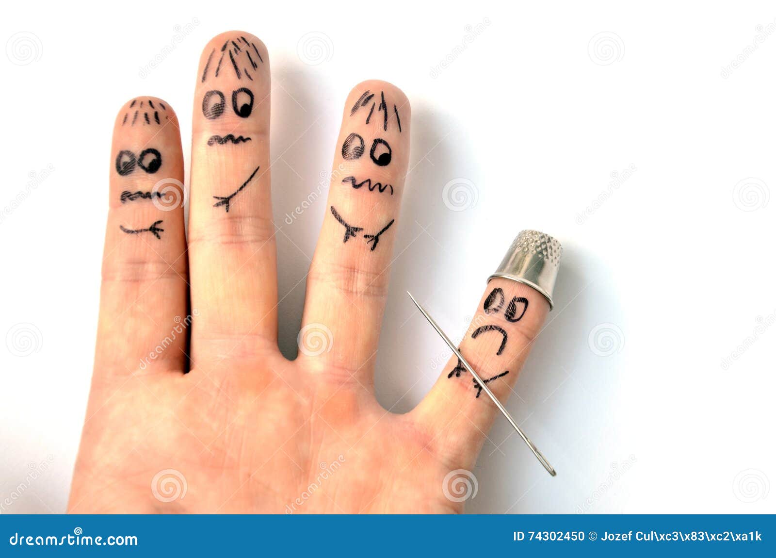 Finger in Thimble Armed by Needle Puts in Fear Another Fingers Stock ...