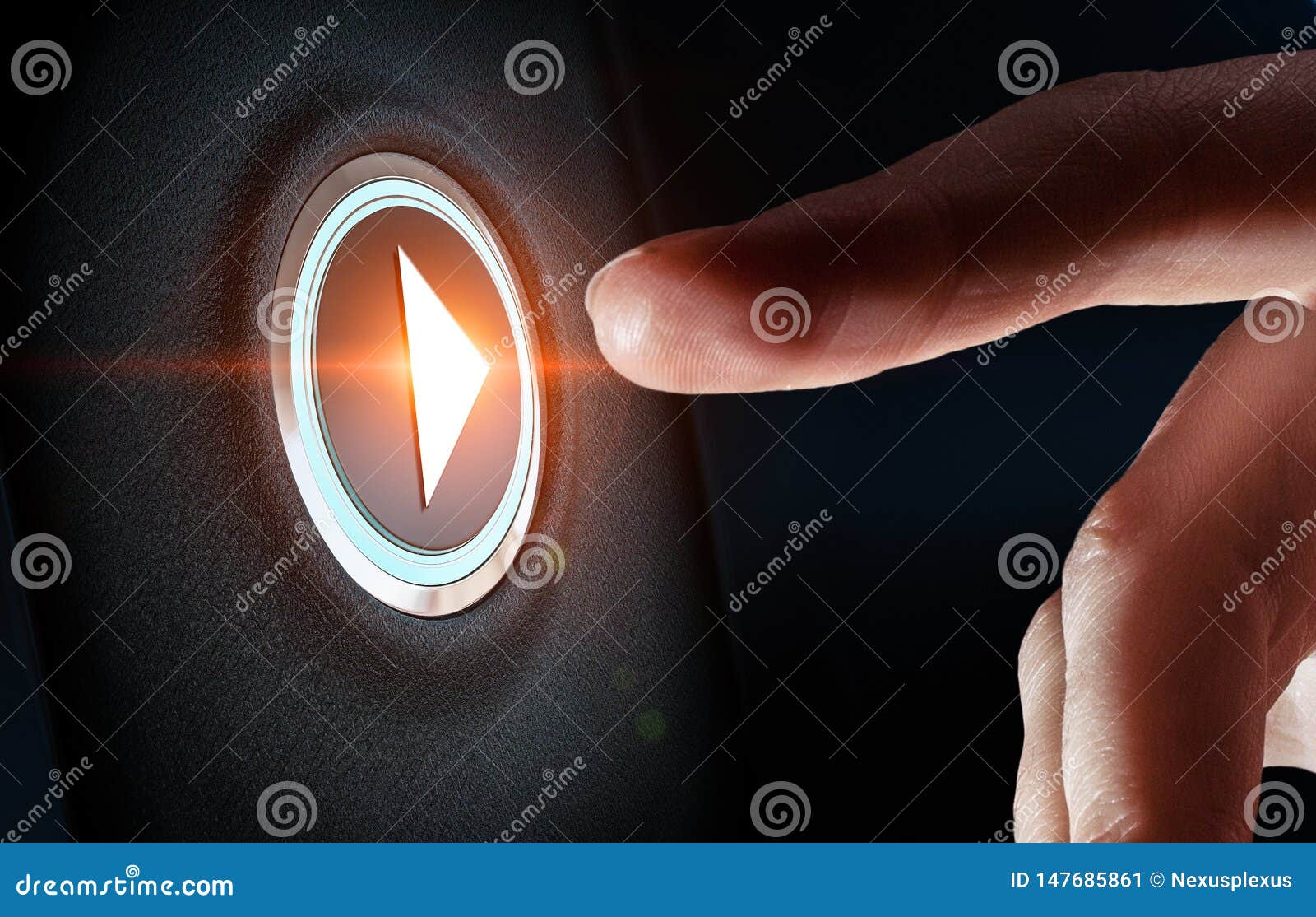 Finger about To Press Play Button. Mixed Media Stock Image - Image of ...