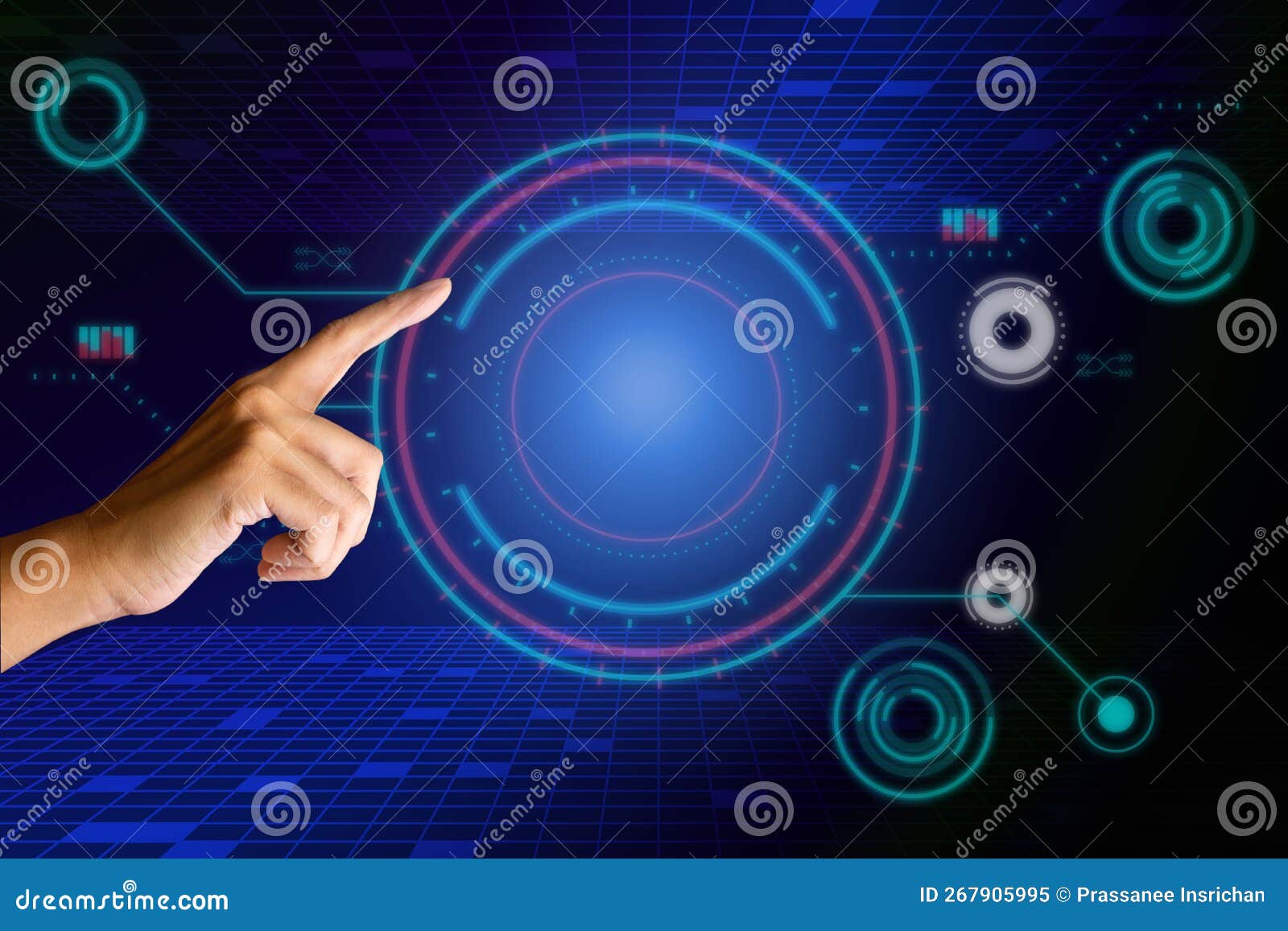 Finger Touch on Hi-tech Circle with a Rectangular Shapes on a Blue and ...