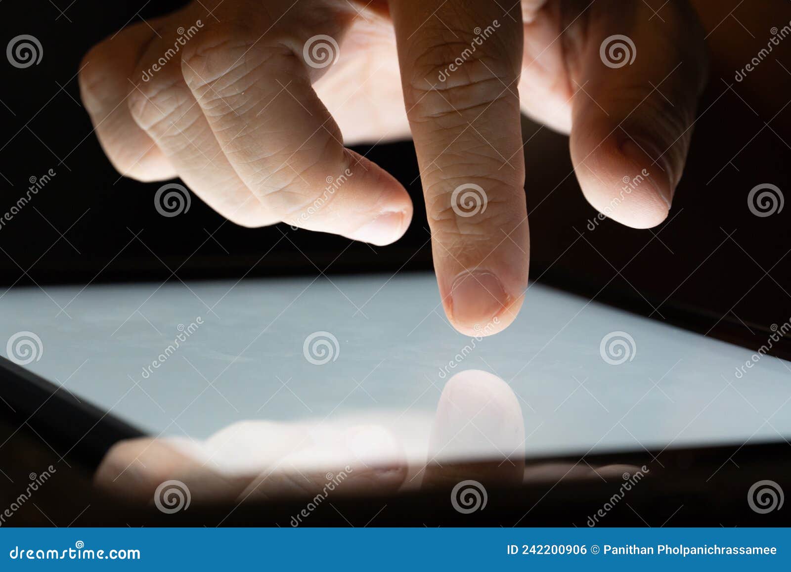 Finger Touch on Tablet Screen Mock Up with Light. Stock Photo - Image ...
