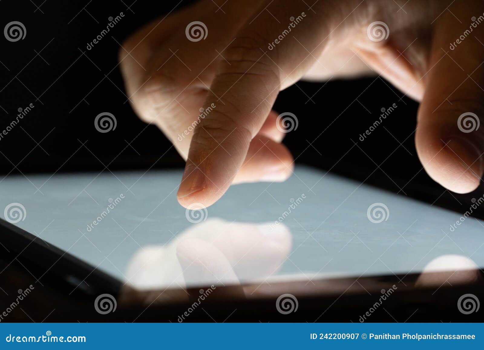 Finger Touch on Tablet Screen Mock Up with Light. Stock Image - Image ...