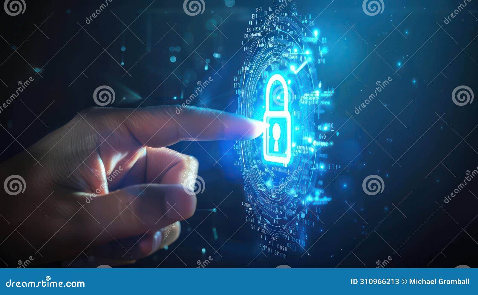 Finger Touching a Blue Glowing Security Lock Symbol Created with Generative AI. Stock ...