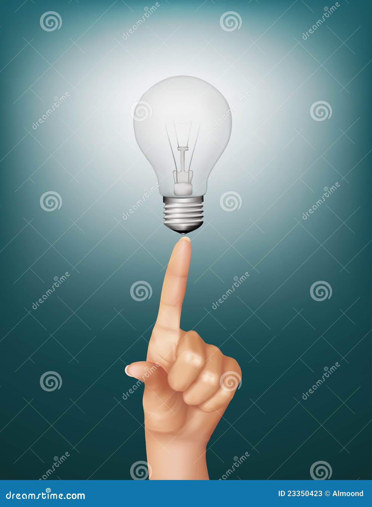 Finger Touching Brightly Lit Light Bulb. Stock Vector - Illustration of ...