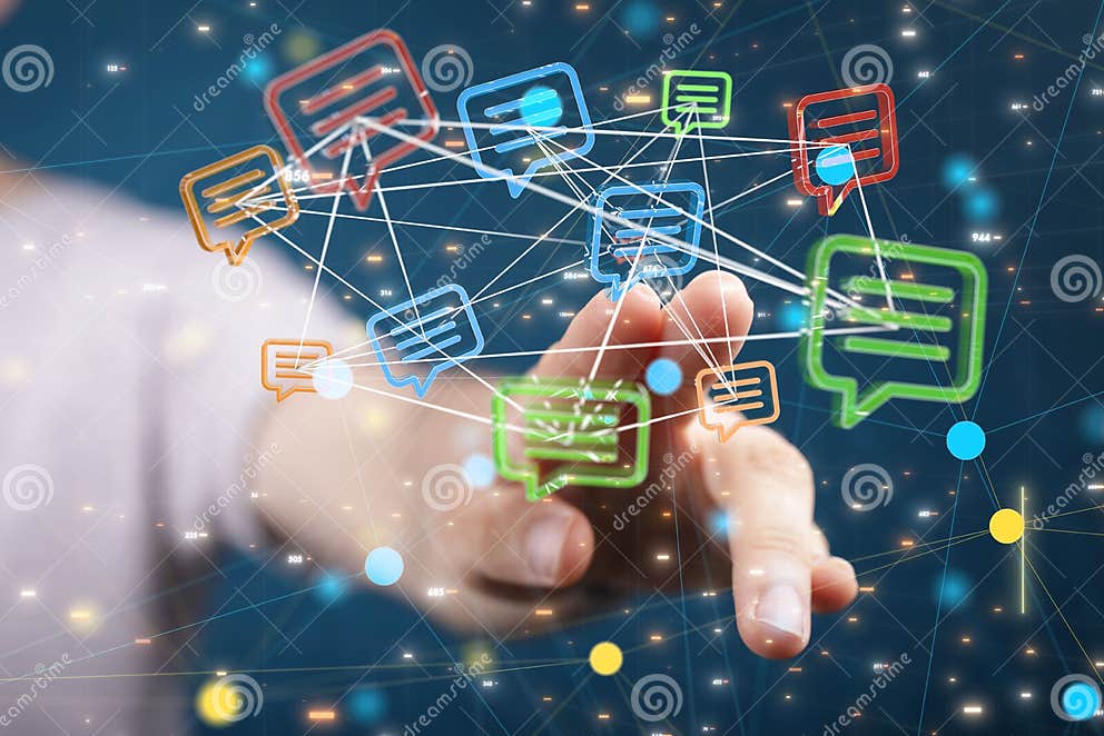 Finger Touching a 3d Rendering of Floating Connected Message Icons ...