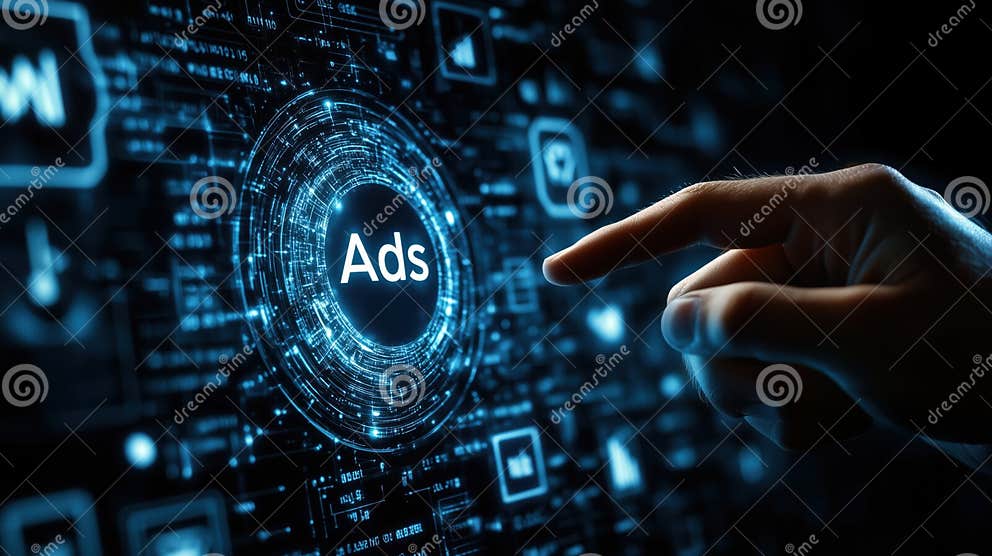 Finger Touching Digital Ads Interface, Showcasing Technology and ...