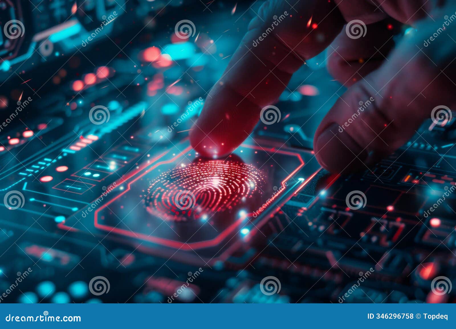 Finger Touching Digital Fingerprint Scanner on Glowing Virtual Keyboard ...