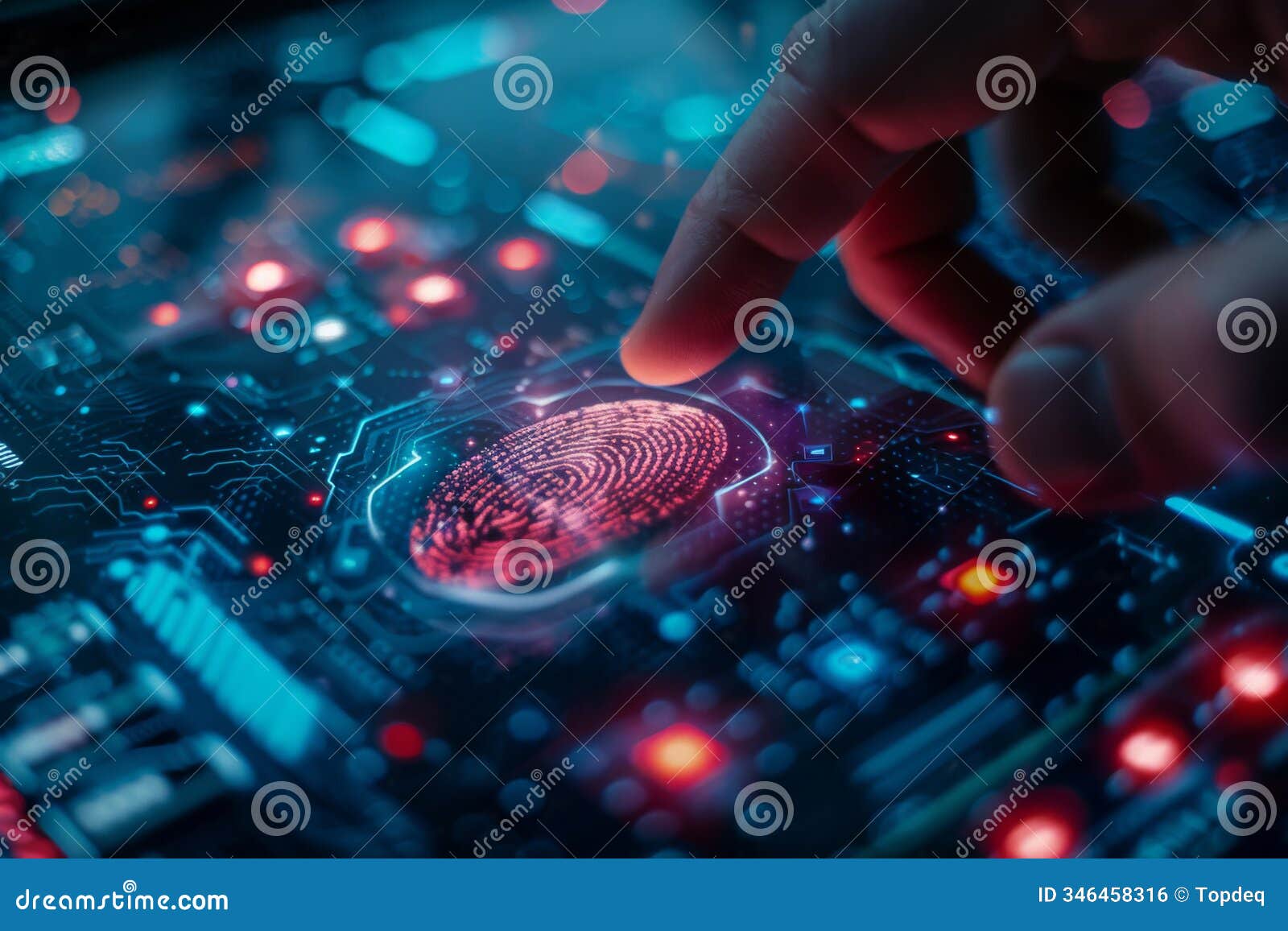 Finger Touching Digital Fingerprint Scanner on Glowing Virtual Keyboard ...