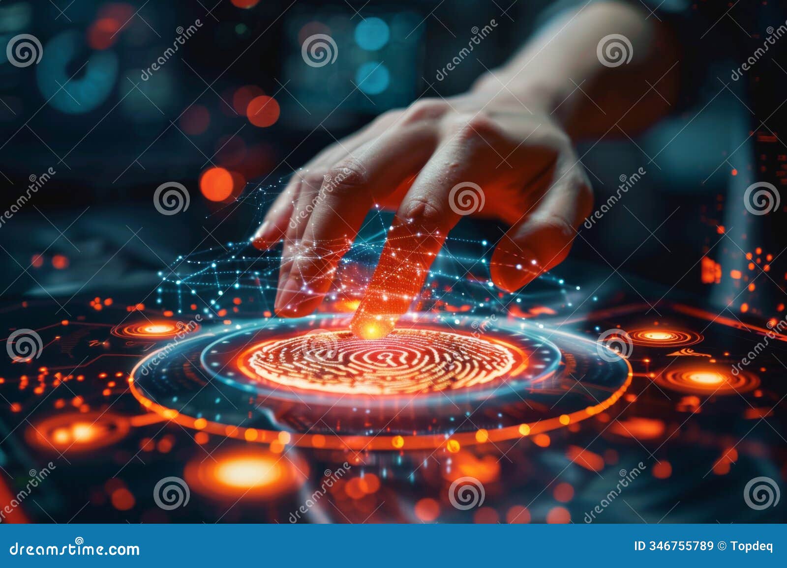 Finger Touching Digital Fingerprint Scanner on Glowing Virtual Keyboard ...