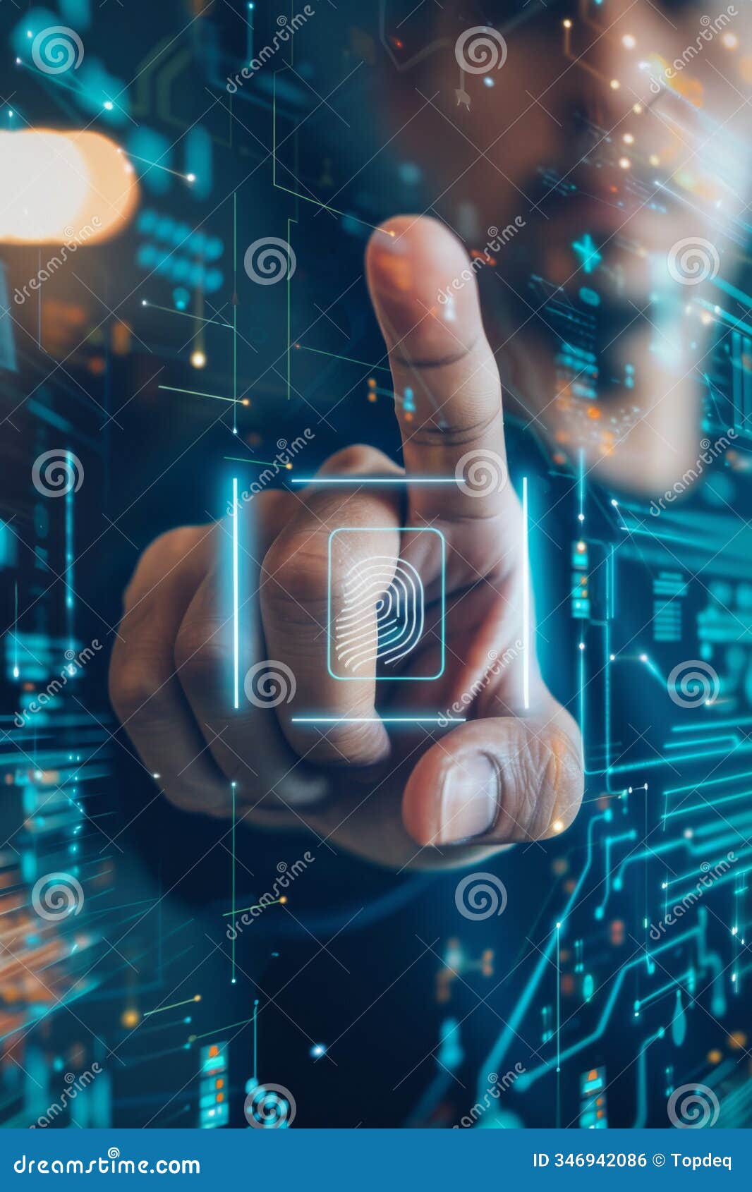 Finger Touching Digital Fingerprint Scanner on Glowing Virtual Keyboard ...