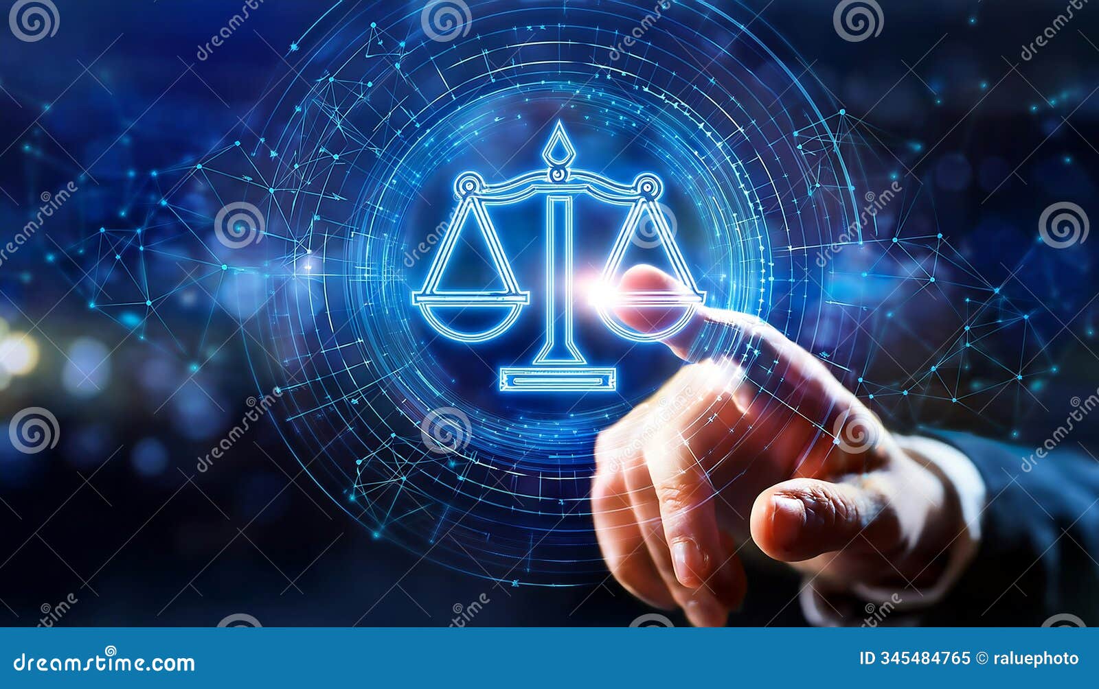 Finger Touching the Digital Scale Icon of the Justice Process Stock ...