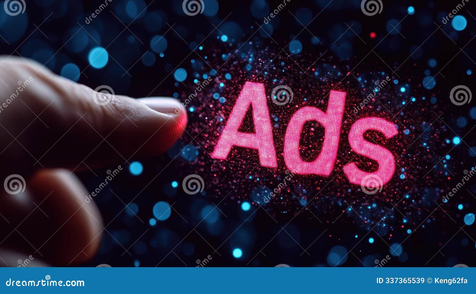 Finger Touching Glowing Ads Text with Colorful Bokeh Background Stock ...