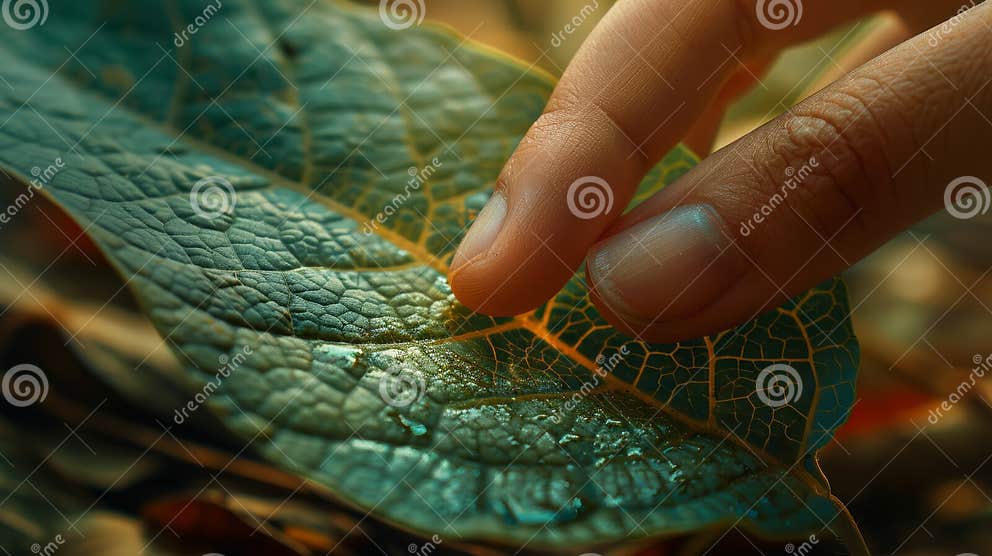 A Finger Touching a Green Leaf with Visible Texture. Stock Image ...