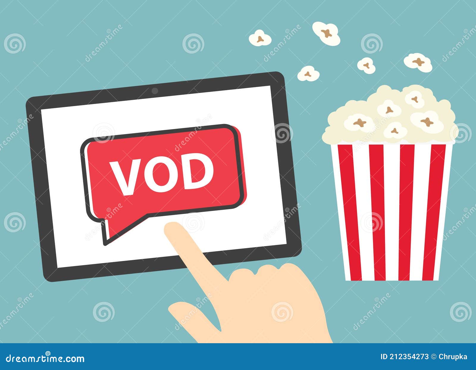 Finger Touching VOD Button on Tablet Screen Stock Vector - Illustration ...