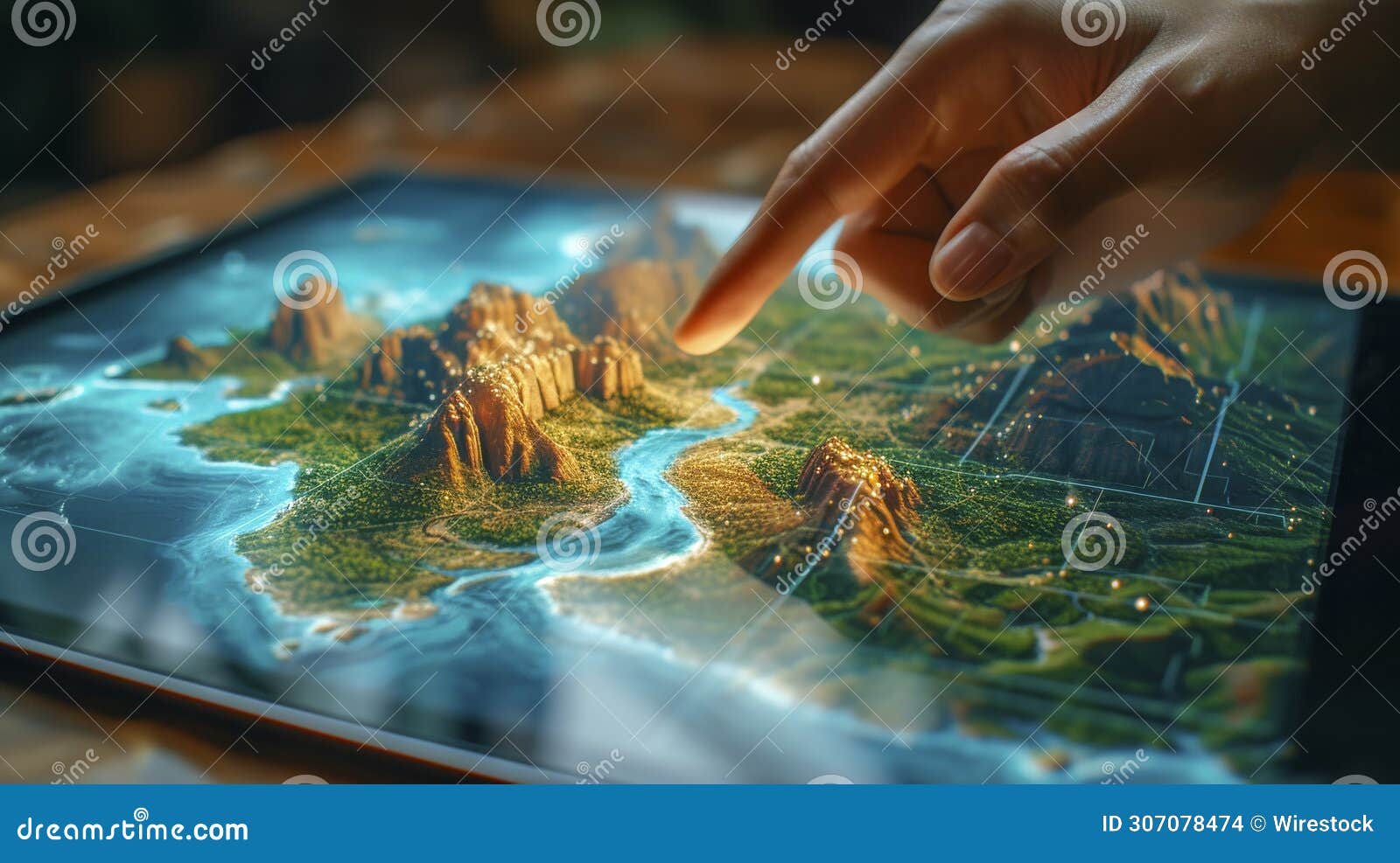 User Interacting with Vivid 3D Terrain Map on Smart Tablet - AI ...