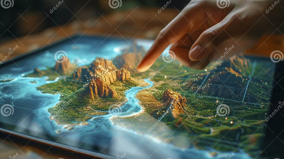 User Interacting with Vivid 3D Terrain Map on Smart Tablet - AI ...