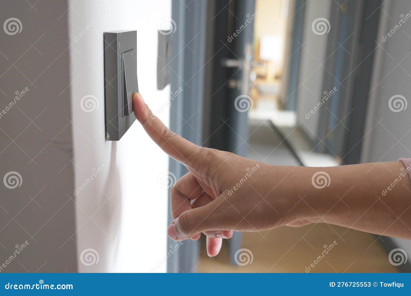 A Finger Turning on Lighting Switch . Stock Image - Image of interior ...