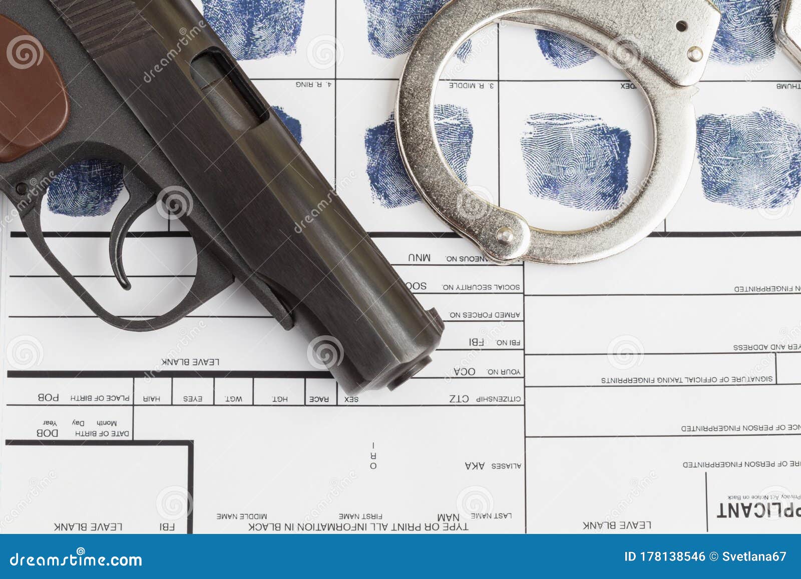 Fingerprint Card with Handcuffs and Gun Stock Photo - Image of ridge ...