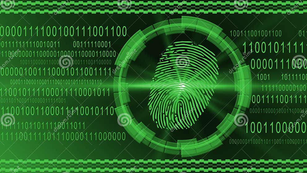 Fingerprint Centered into HUD Elements on Binary Code Background - Green Banner Design ...