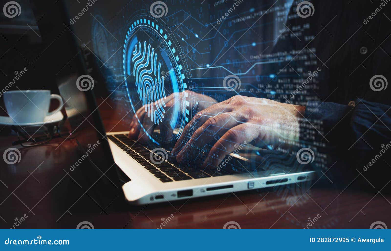 Fingerprint Cyber Id Security and Identity Symbol and Man Typing ...