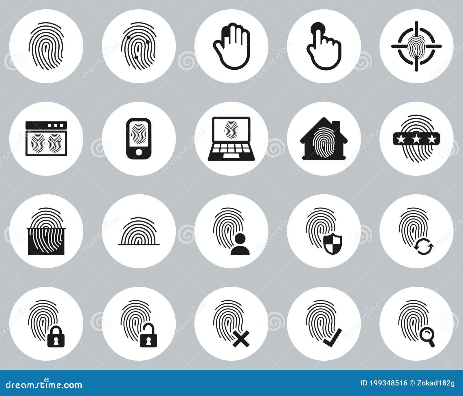 Fingerprint Icons Black & White Flat Design Circle Set Big Stock Vector ...