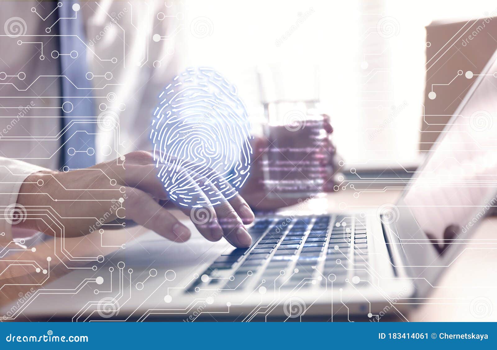 Fingerprint Identification. Man Working with Laptop at Table Stock ...