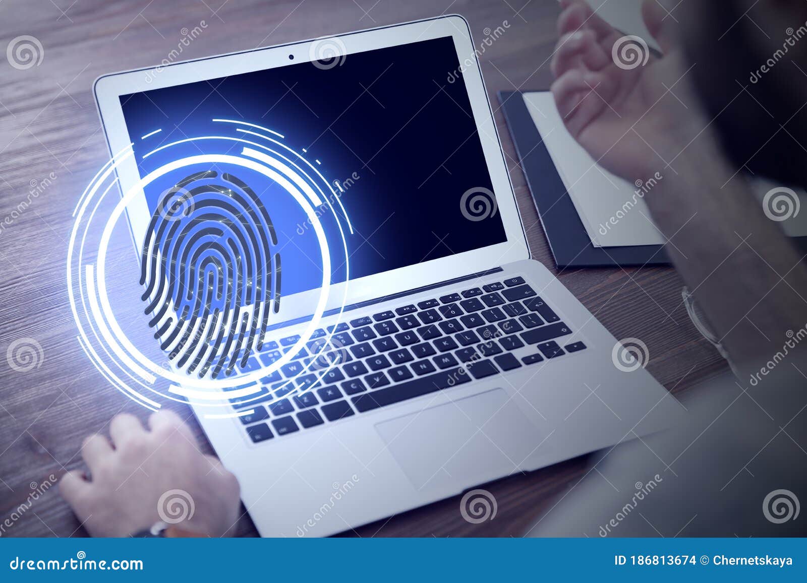 Fingerprint Identification. Man Working with Laptop at Table Stock ...