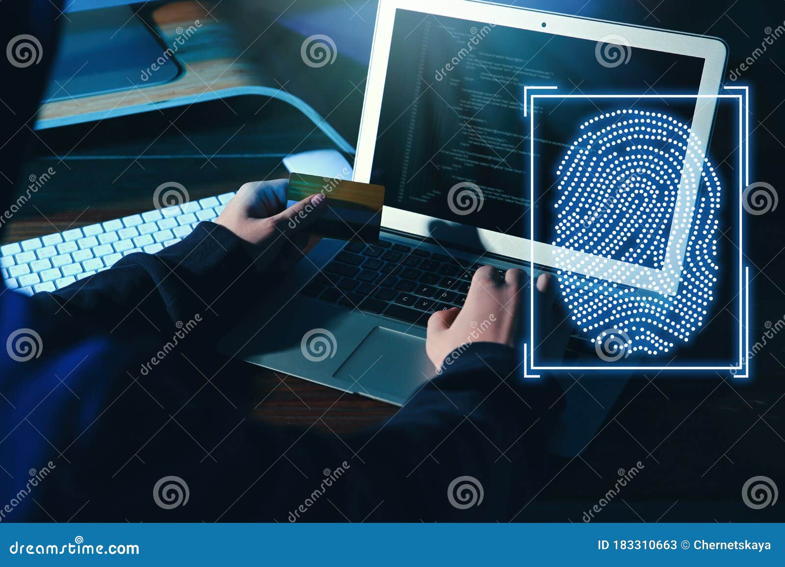 Fingerprint Identification. Man Working with Laptop at Table Stock ...