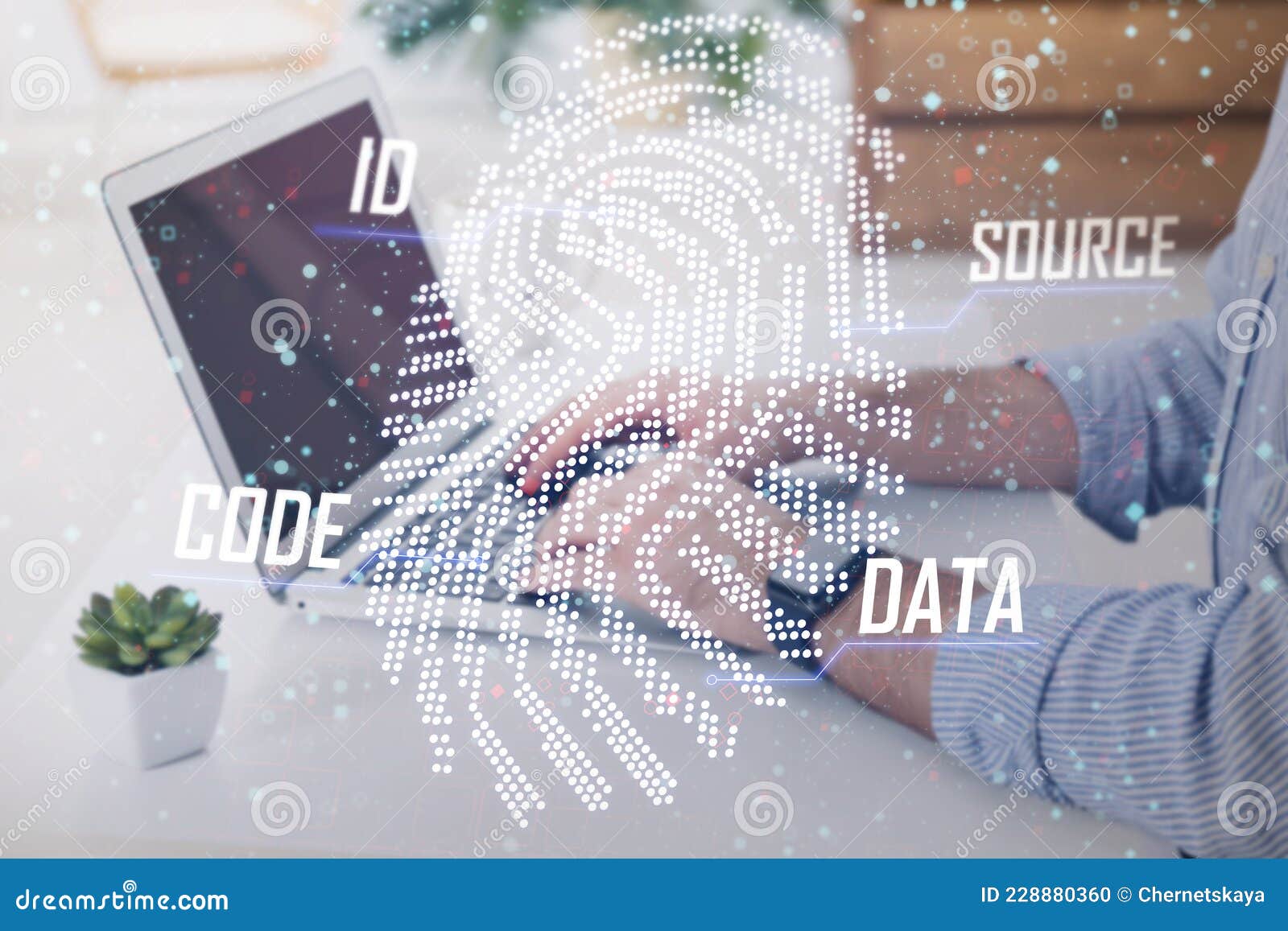 Fingerprint Identification. Man Working on Laptop at Table in Office ...